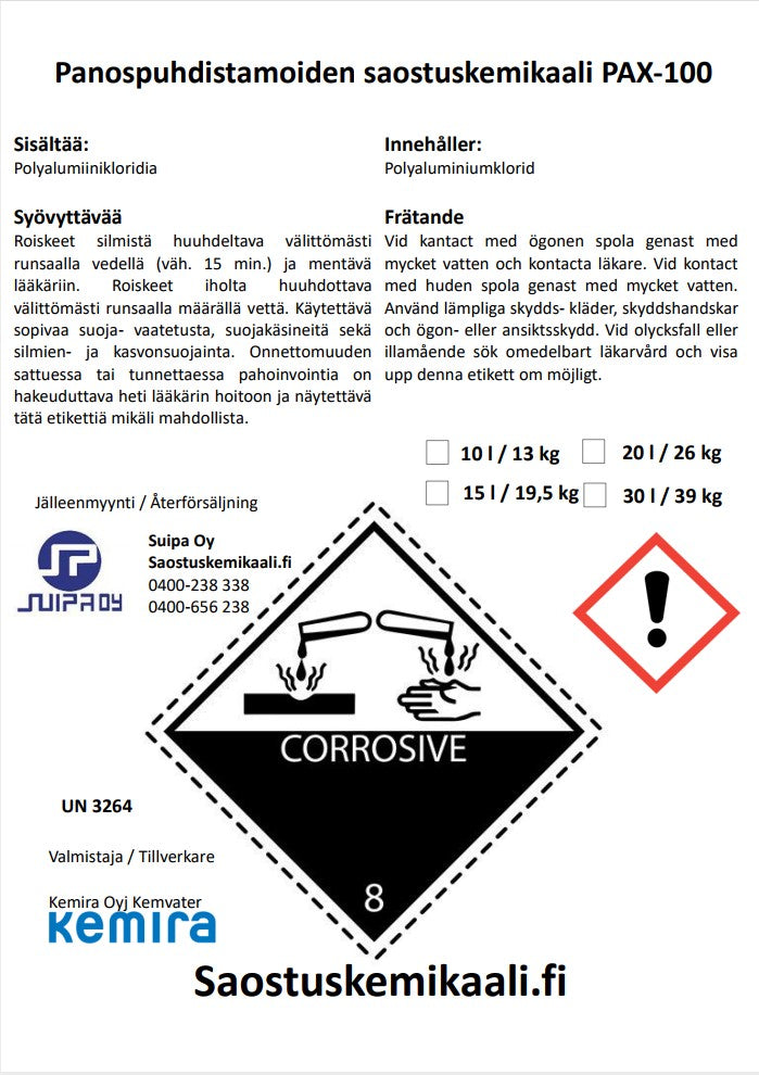 Saostuskemikaali PAX-100 30L – Pienpuhdistamoiden saostuskemikaalit